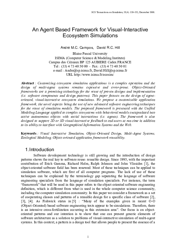 (PDF) An Agent Based Framework for Visual-Interactive Ecosystem Simulations