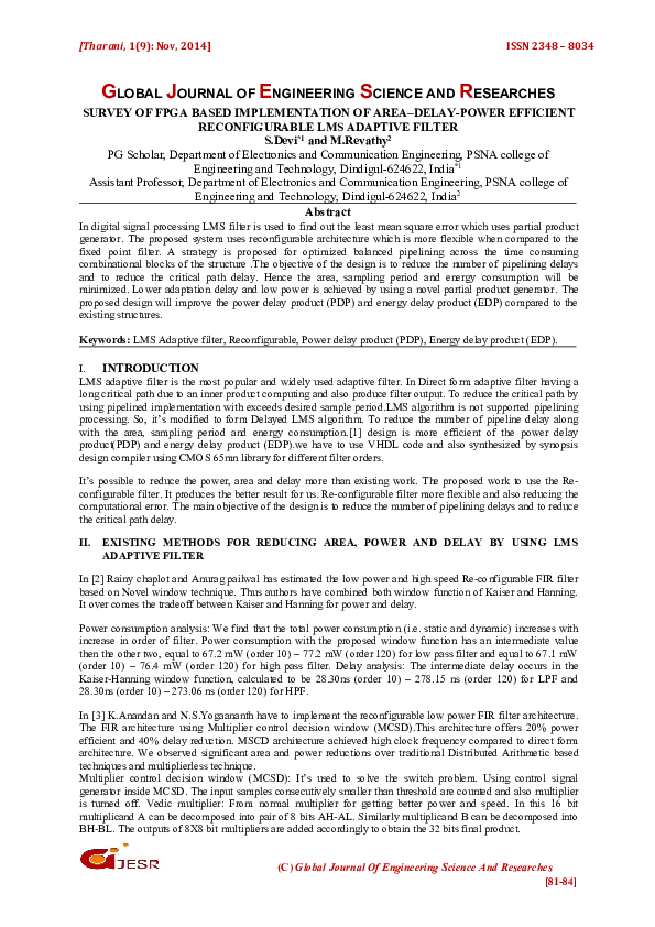 Pdf Survey Of Fpga Based Implementation Of Areadelay Power Efficient Reconfigurable Lms 8594