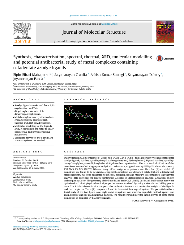 (PDF) Synthesis, characterisation, spectral, thermal, XRD, molecular ...