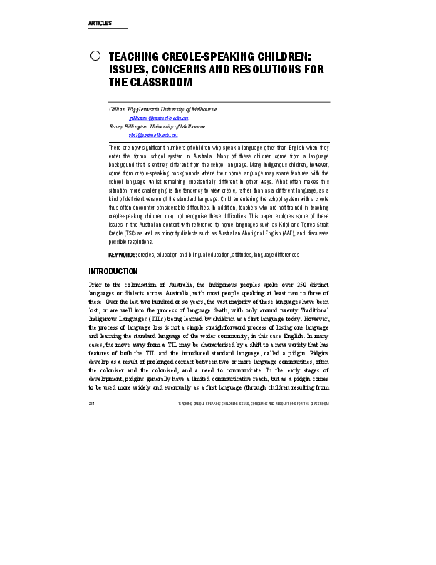 (PDF) Teaching creole-speaking children: Issues, concerns and ...