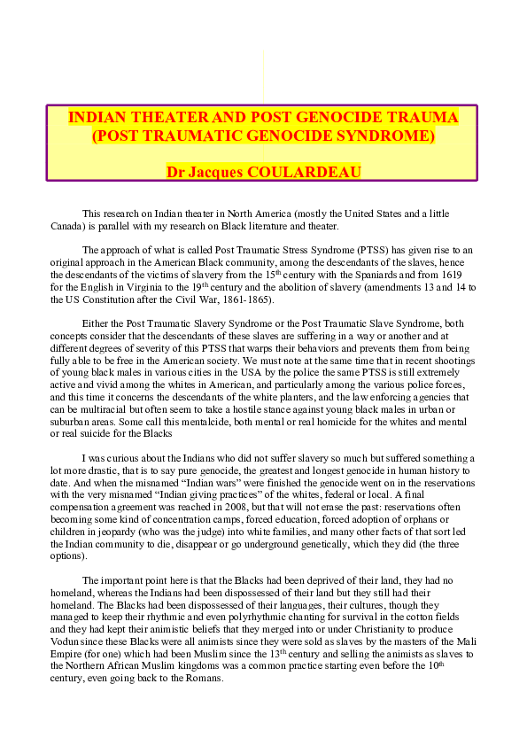 (PDF) INDIAN THEATER AND POST GENOCIDE TRAUMA (POST TRAUMATIC GENOCIDE ...