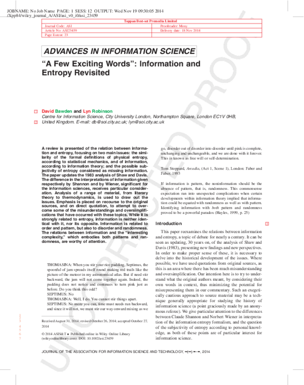 (PDF) "A few exciting words": information and entropy revisited | David ...