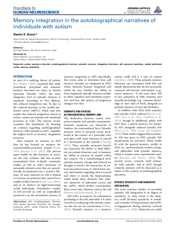 (PDF) Memory integration in the autobiographical narratives of ...