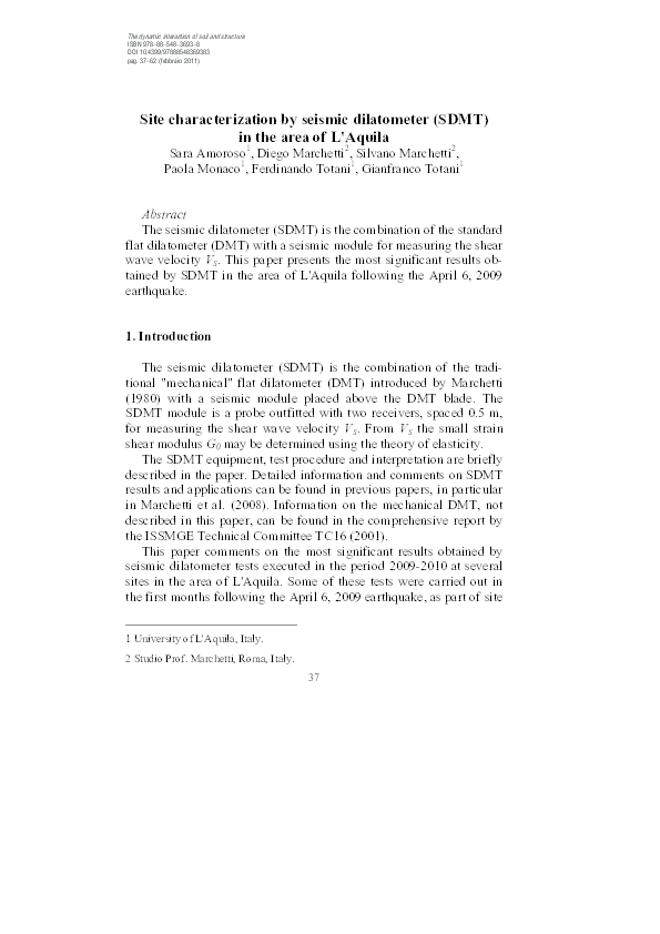 (PDF) Site characterization by seismic dilatometer (SDMT) in the area of L'Aquila"