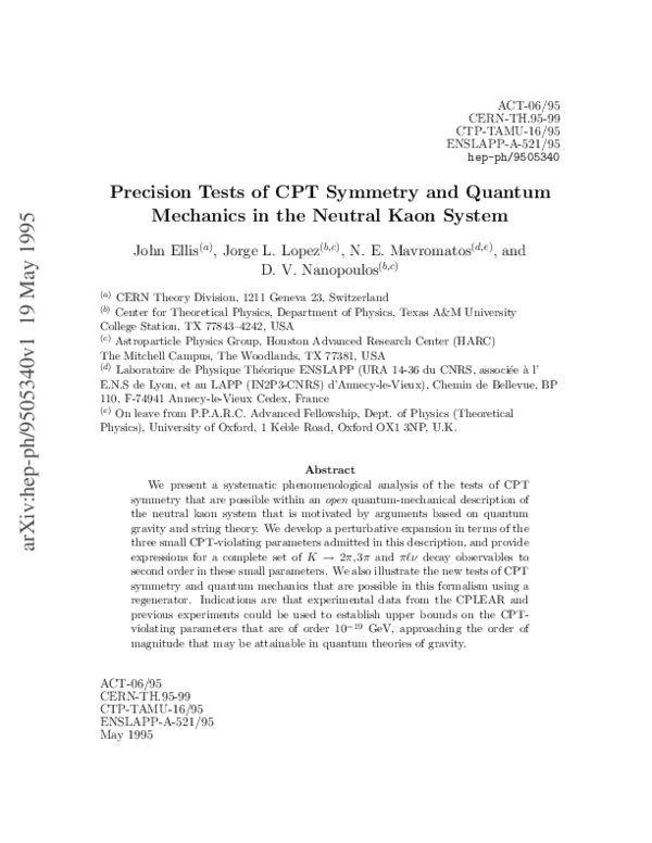 (PDF) Precision tests of {ital CPT} symmetry and quantum mechanics in ...