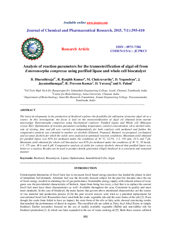 (PDF) Analysis of reaction parameters for the transesterification of ...