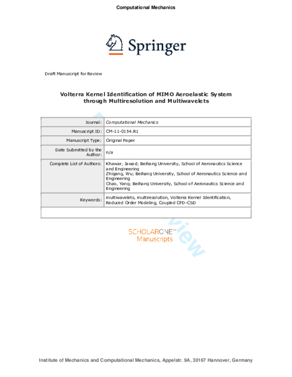 Volterra Kernel Identification Of Mimo Aeroelastic System Through Multiresolution And Multiwavelets