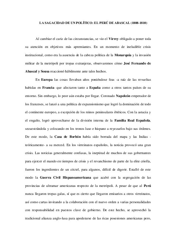(PDF) La sagacidad de un político: el Perú del virrey Abascal (1808-1810)