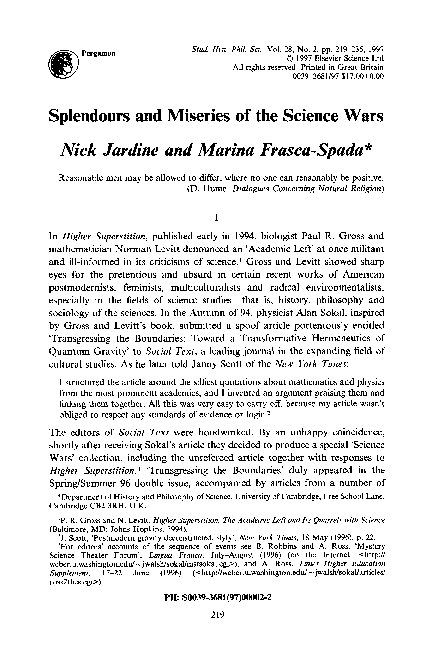 (PDF) Splendours and miseries of the Science Wars: Editorial