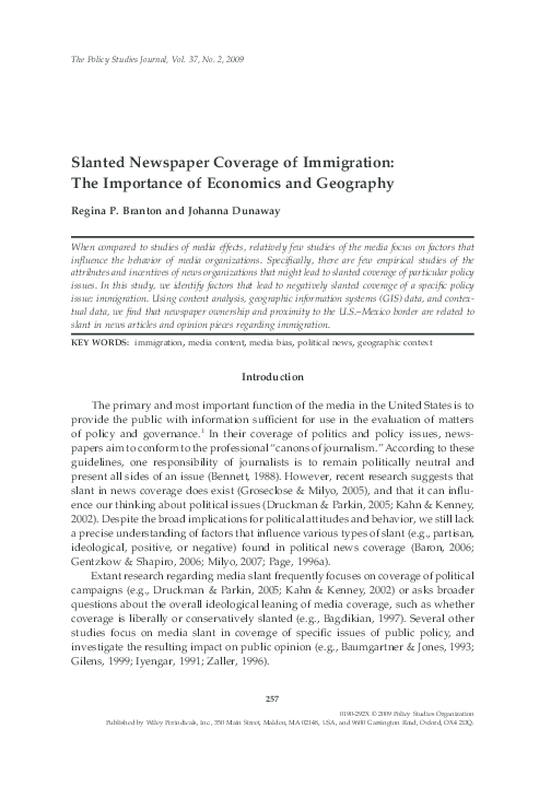 Slanted Newspaper Coverage of Immigration: the Importance of Economics ...