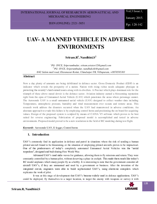 (PDF) UAV- A MANNED VEHICLE IN ADVERSE ENVIRONMENTS