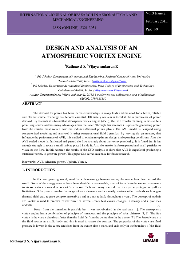 (PDF) DESIGN AND ANALYSIS OF AN ATMOSPHERIC VORTEX ENGINE