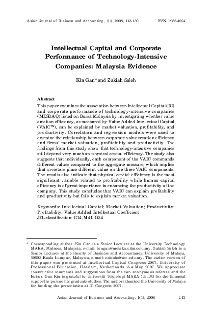 (PDF) Intellectual capital and corporate performance of technology-intensive companies: Malaysia ...