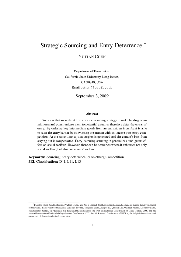 (PDF) Strategic Sourcing and Entry Deterrence