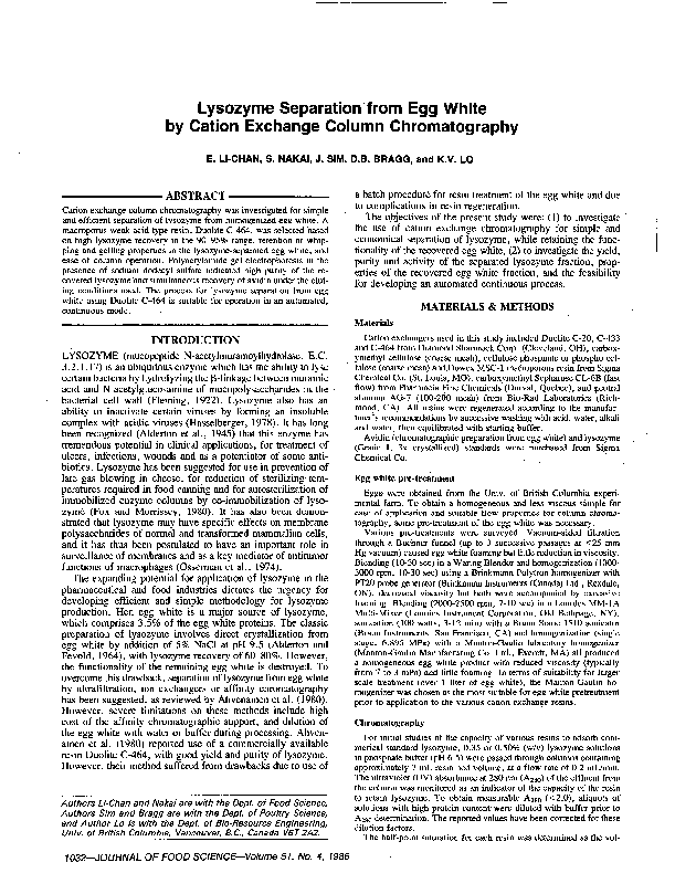 (PDF) Lysozyme Separation from Egg White by Cation Exchange Column ...