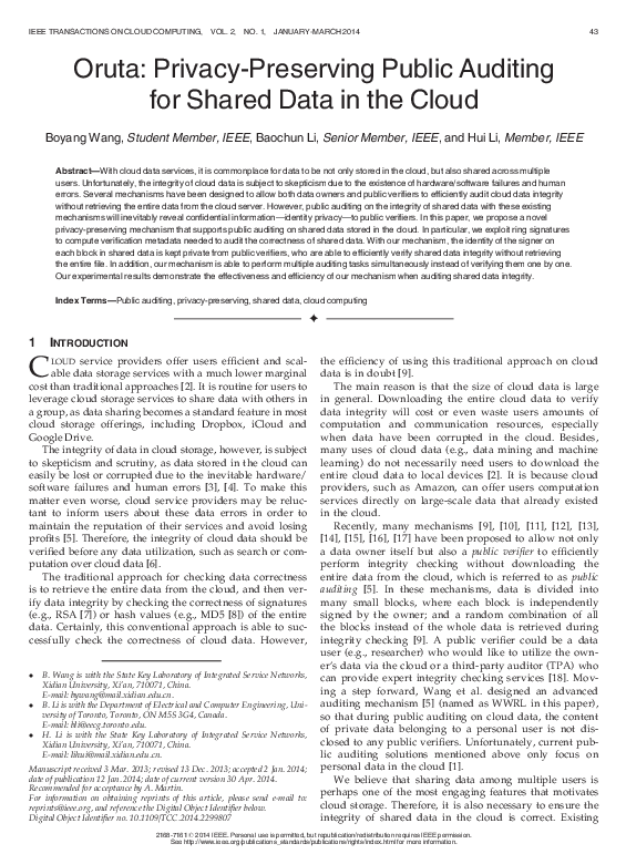 (PDF) Oruta: Privacy-Preserving Public Auditing for Shared Data in the Cloud