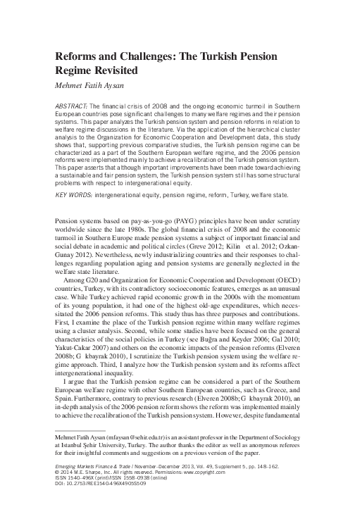 (PDF) Reforms and Challenges The Turkish Pension Regime Revisited