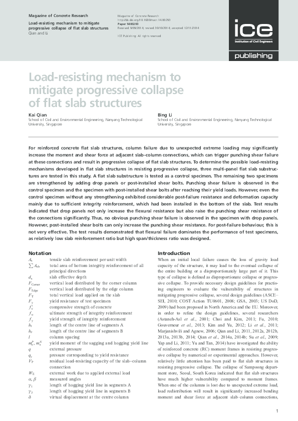 (PDF) Load-resisting mechanism to mitigate progressive collapse of flat slab structures