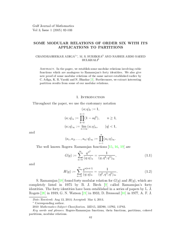 (PDF) Some modular relations of order six with its applications to partitions