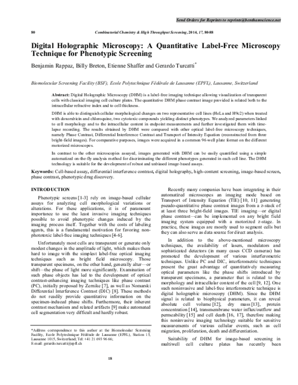 (PDF) Digital Holographic Microscopy: A Quantitative Label-Free ...