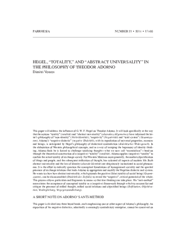 (PDF) Hegel, Totality and Abstract Universality in the Philosophy of ...