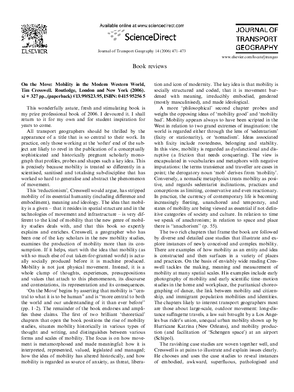 (PDF) REVIEW OF: Tim Cresswell, On the Move: Mobility in the Modern ...