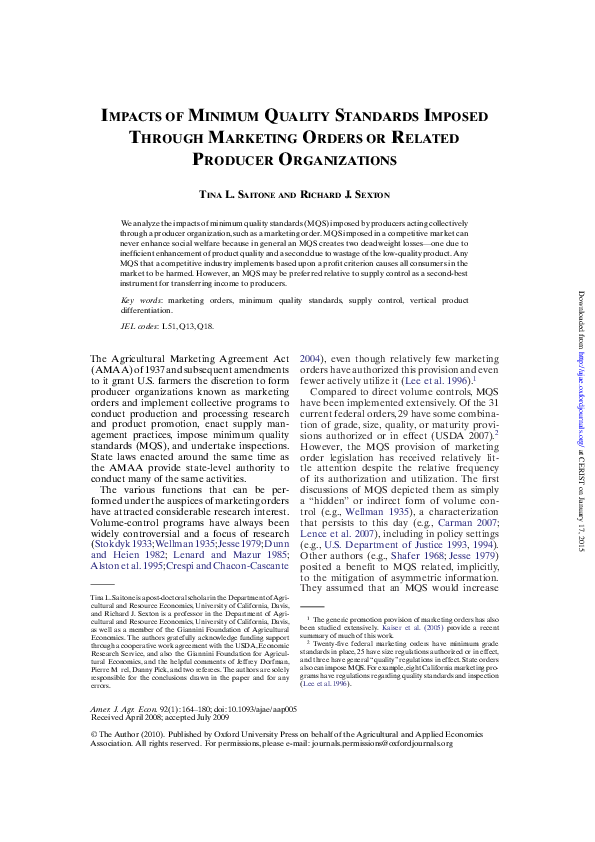 (PDF) IMPACTS OF MINIMUM QUALITY STANDARDS IMPOSED THROUGH MARKETING ...