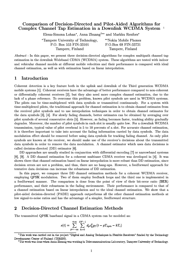 (PDF) Comparison. of Decision-Directed and Pilot-Aided Algorithms for Complex Channel Tap ...