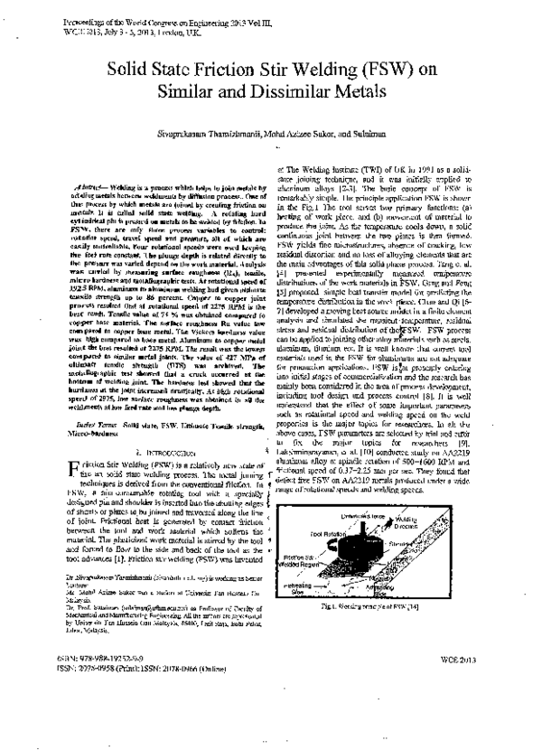 (PDF) Solid State Friction Stir Welding (FSW) on Similar and Dissimilar Metals