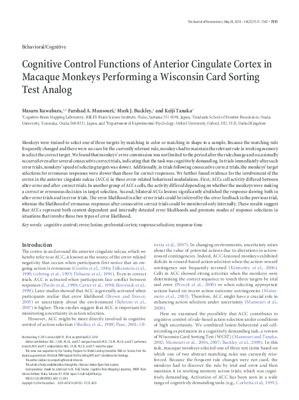(PDF) Cognitive Control Functions of Anterior Cingulate Cortex in ...