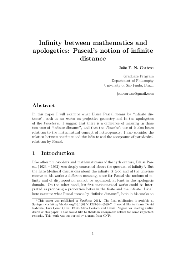 (PDF) Infinity between mathematics and apologetics: Pascal’s notion of ...