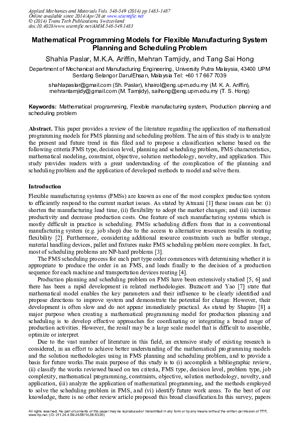 Pdf Mathematical Programming Models For Flexible Manufacturing System Planning And Scheduling