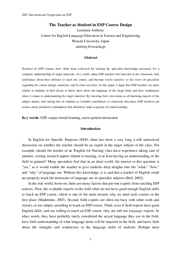 (PDF) The teacher as student in ESP course design