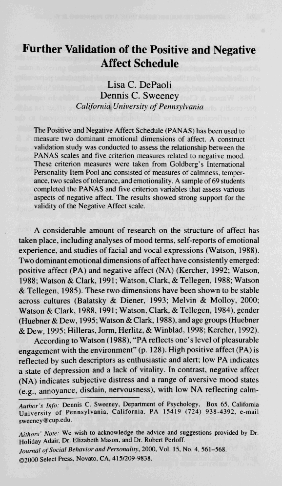 (PDF) Further Validation of the Positive and Negative Affect Schedule