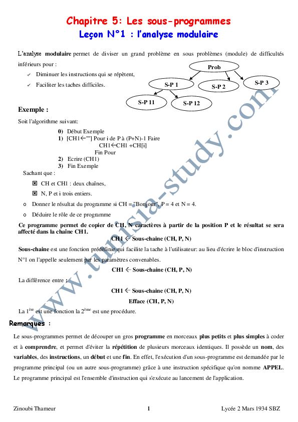 (PDF) Chapitre 5: Les sous-programmes Leçon N°1 : l'analyse modulaire