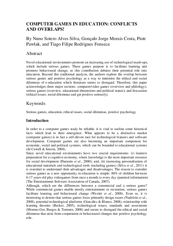 (PDF) Computer games in education: Conflicts and overlaps!