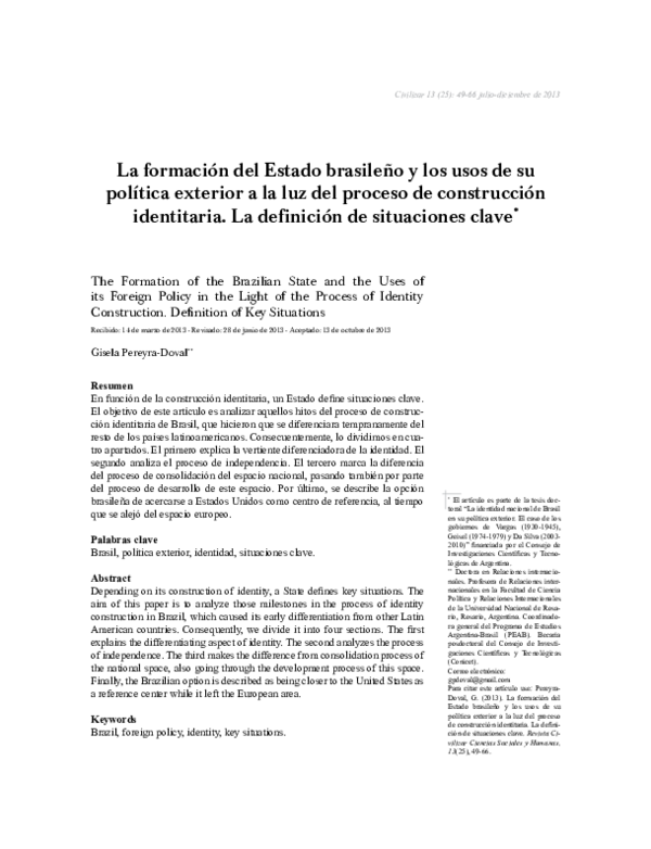 (PDF) La formación del Estado brasileño y los usos de su política exterior a la luz del proceso ...