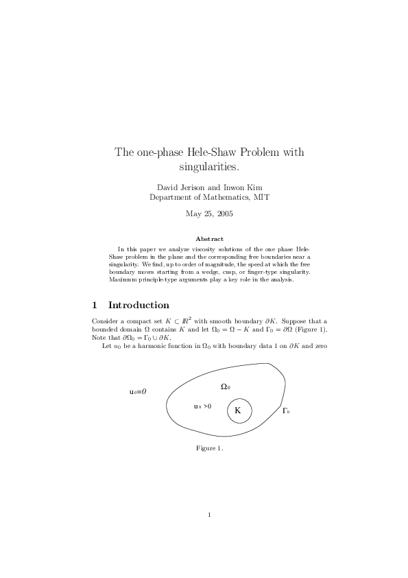 (PDF) The one-phase Hele-Shaw problem with singularities | inwon kim ...