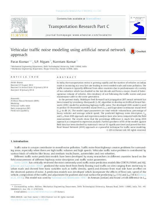 (PDF) Vehicular traffic noise modeling using artificial neural network Approach