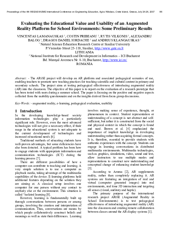 (PDF) Evaluating the Educational Value and Usability of an Augmented ...