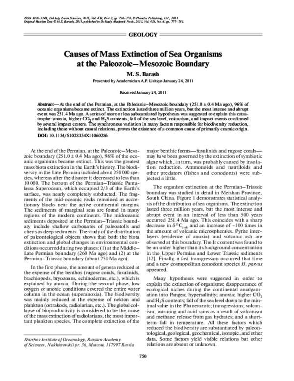 (PDF) Causes of Mass Extinction of Sea Organisms at the Paleozoic–Mesozoic Boundary