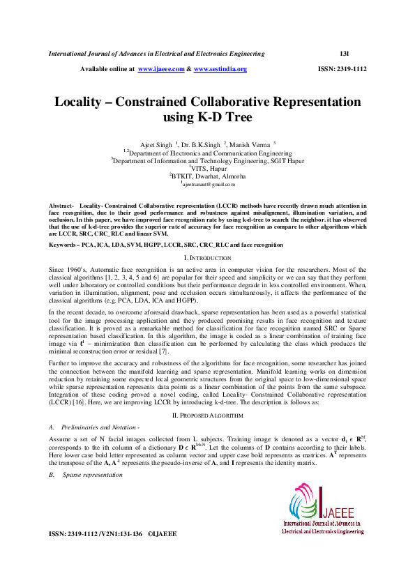 (PDF) Locality Constrained Collaborative Representation using K D Tree