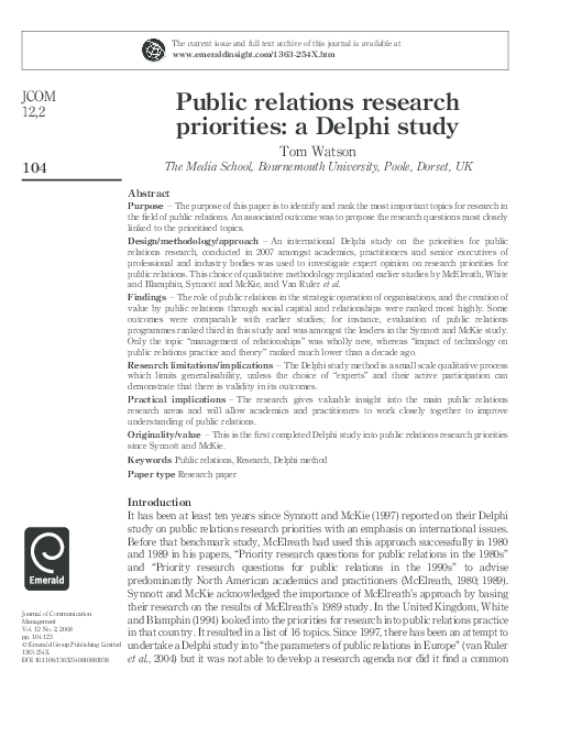 (PDF) Public relations research priorities: a Delphi study