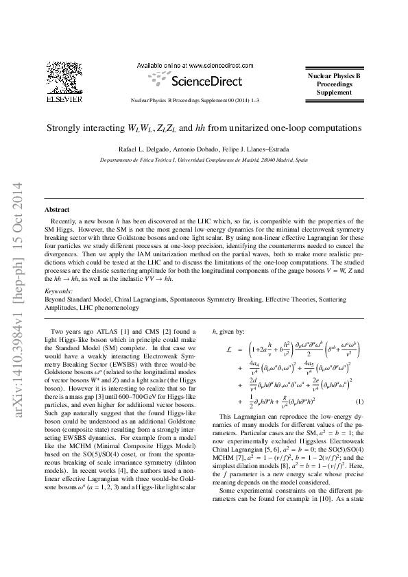(PDF) Strongly interacting WLWL,ZLZL and hh from unitarized one-loop computations