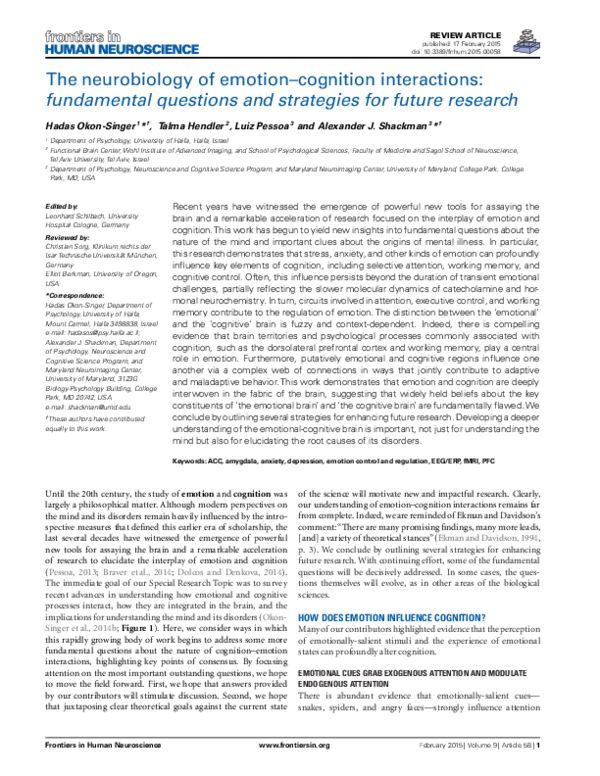 (PDF) The neurobiology of emotion-cognition interactions: Fundamental ...