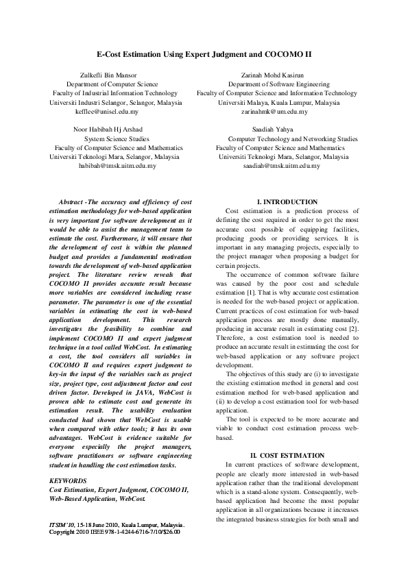 (PDF) E-cost estimation using expert judgment and COCOMO II