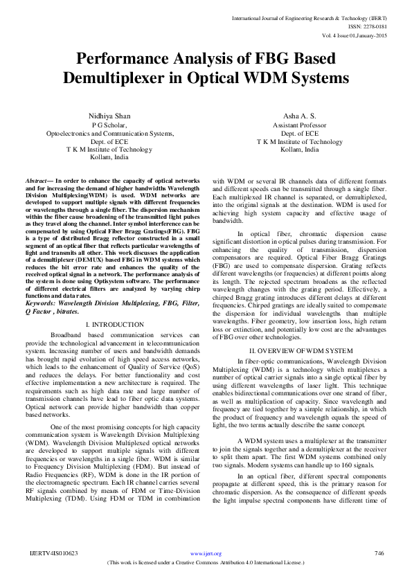 Pdf Performance Analysis Of Fbg Based Demultiplexer In Optical Wdm