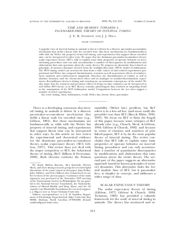 Pdf Time And Memory Towards A Pacemaker Free Theory Of Interval Timing