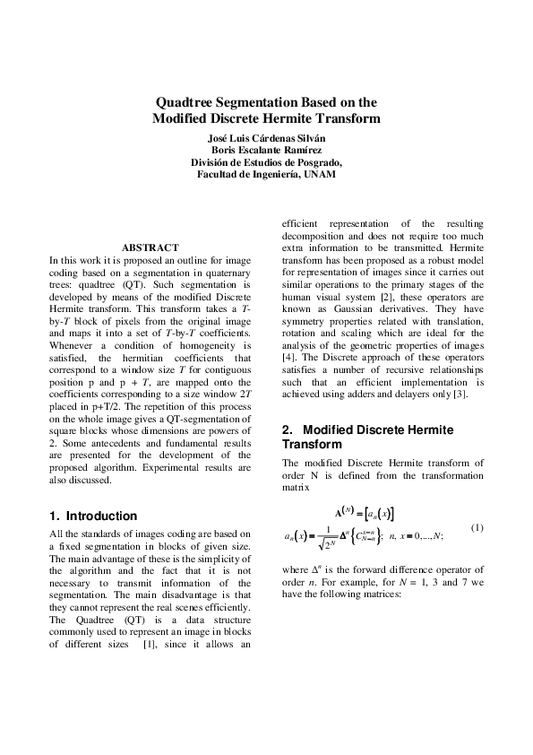 (PDF) Quadtree Segmentation Based on the Modified Discrete Hermite Transform