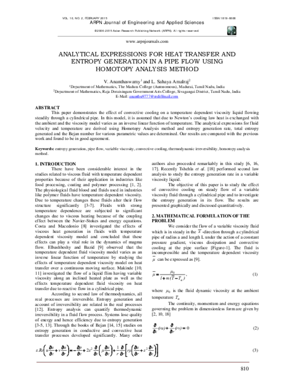(PDF) ANALYTICAL EXPRESSIONS FOR HEAT TRANSFER AND ENTROPY GENERATION IN A PIPE FLOW USING ...